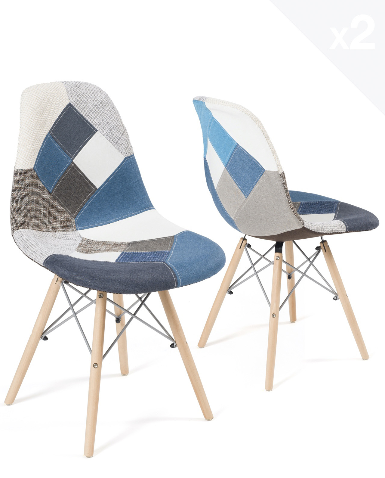 Chaise Patchwork Bleu style Scandinave NOVA - Lot de 2 | Kayelles.com
