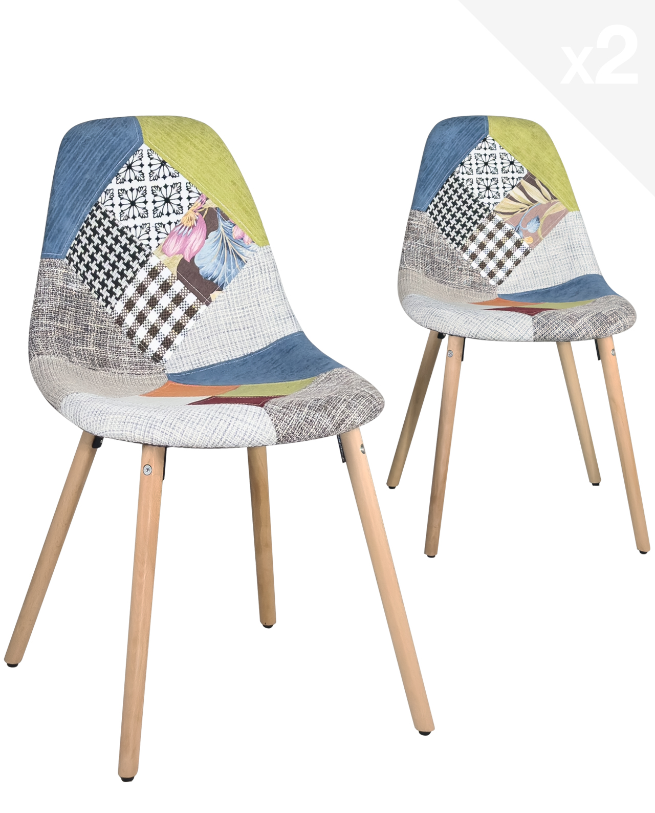 Chaise de bar patchwork tissu scandinave pieds bois SLICK - Lot de 2 | Kayelles.com